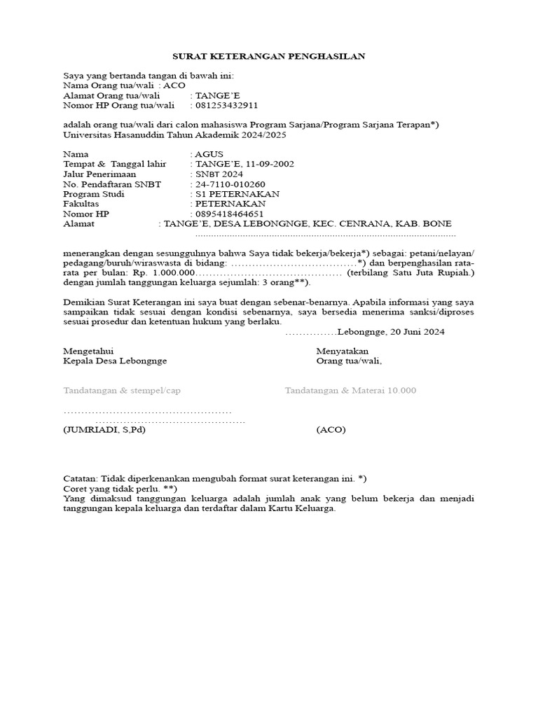Form Surat Keterangan Penghasilan Pokok Dan Tambahan | PDF