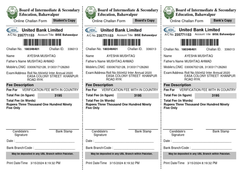 Bahawalpur Online Verification Fee Challan | PDF | Pakistan ...