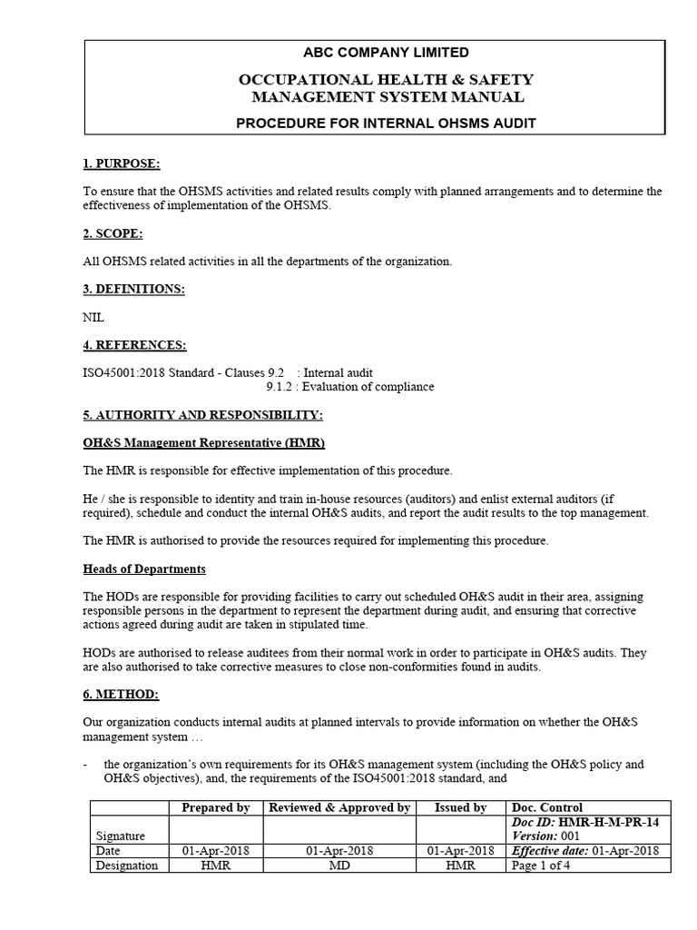 HMR-H-M-PR-14 Procedure for Internal OHSMS Audit | Download Free PDF ...