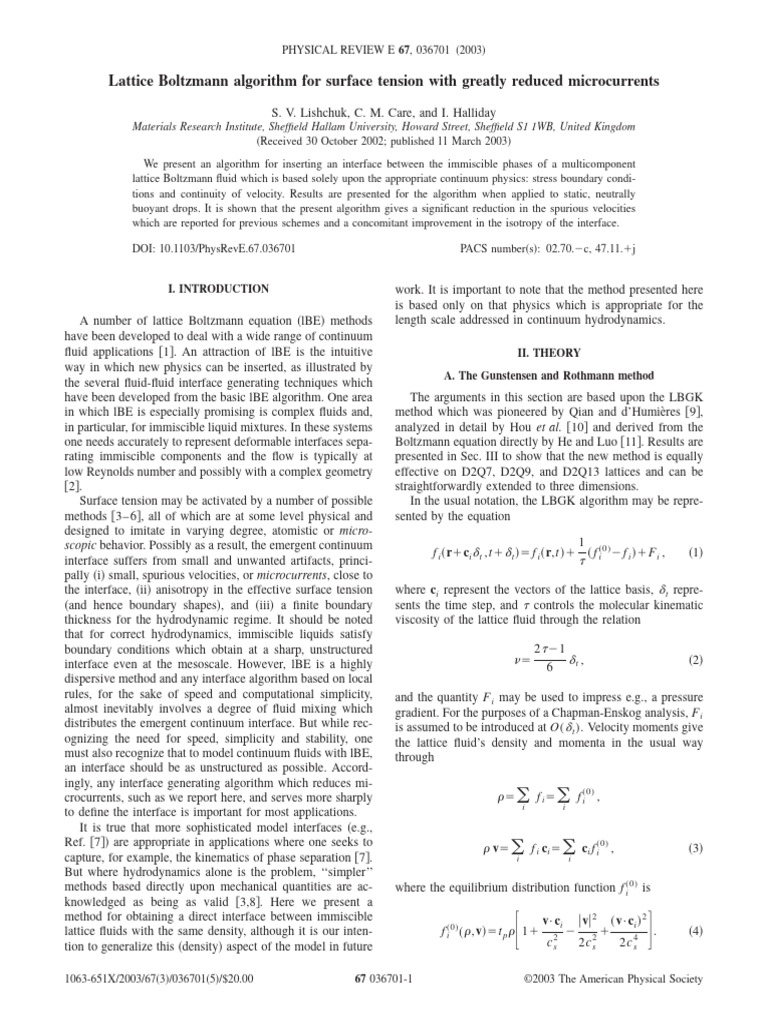 Lattice Boltzmann Algorithm For Surface Tension With Greatly Reduced Microcurrents Pdf Fluid