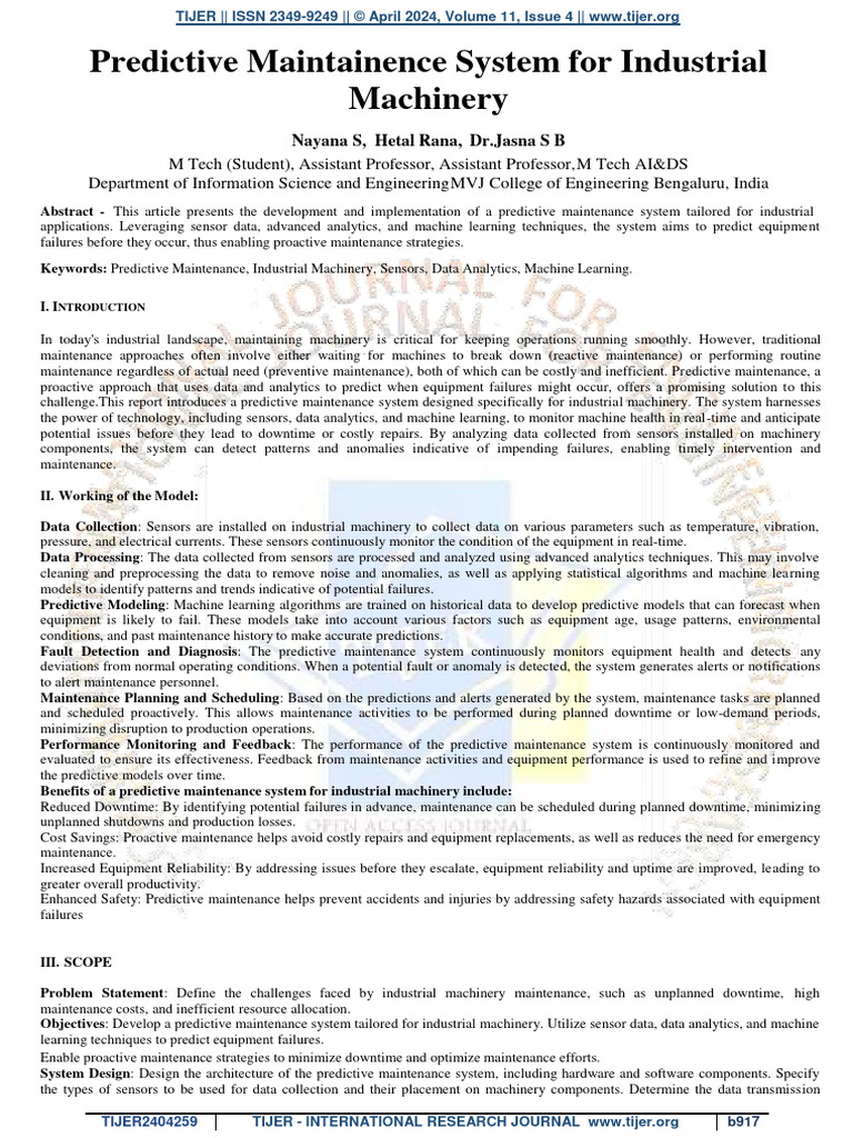 Predictive Maintainence System For Industrial Machinery | PDF | Reliability Engineering ...