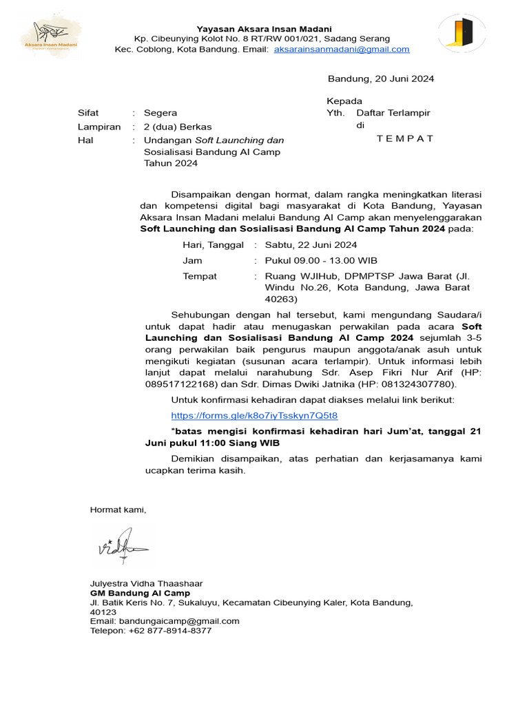 Surat Undangan Soft Launching Bandung AI Camp 22 Juni 2024 | PDF | Ilmu Sosial