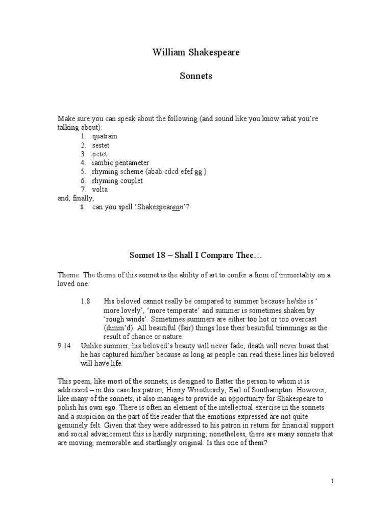 William Shakespeare Sonnets: Sonnet 18 - Shall I Compare Thee | PDF ...