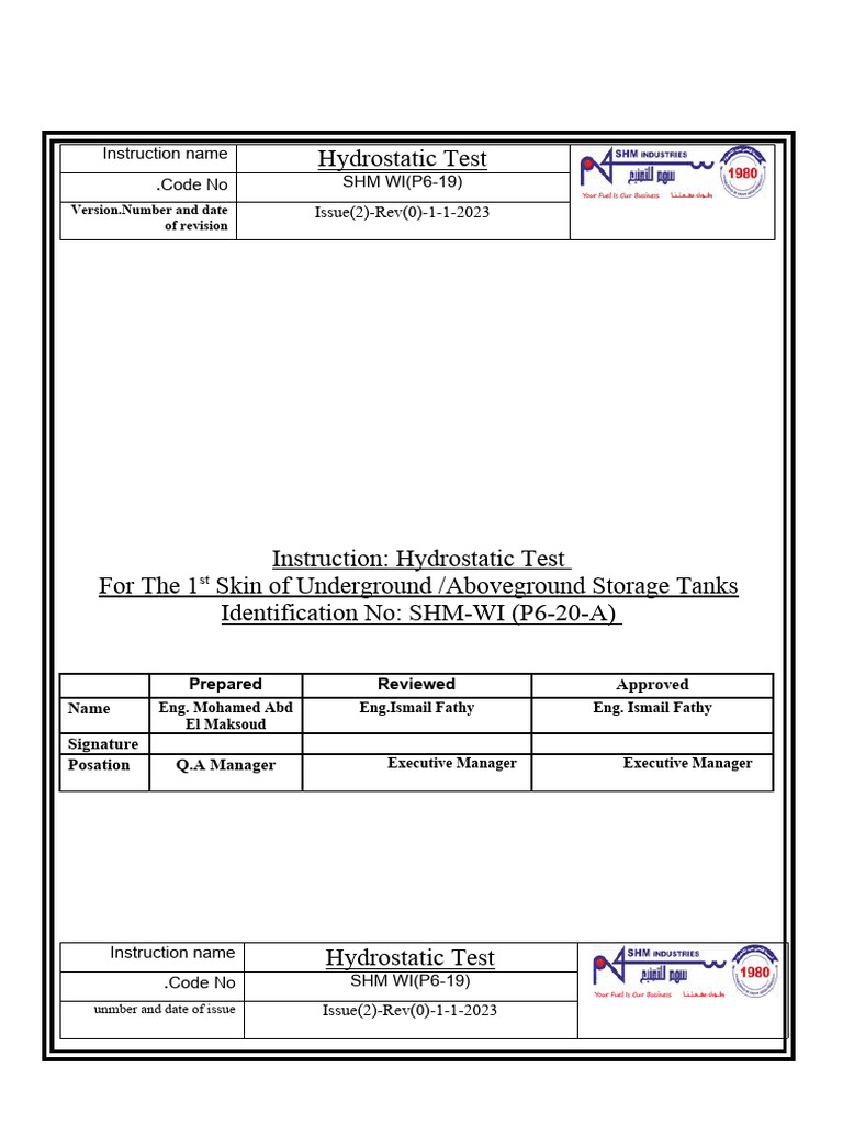 I (6-20-A) Instruction Hydrostatic Test For 1st Skin Storage Tanks ...