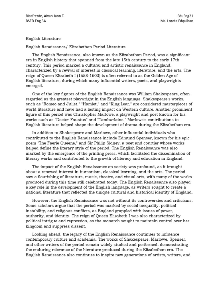 English Literature | PDF | English Renaissance | Romanticism