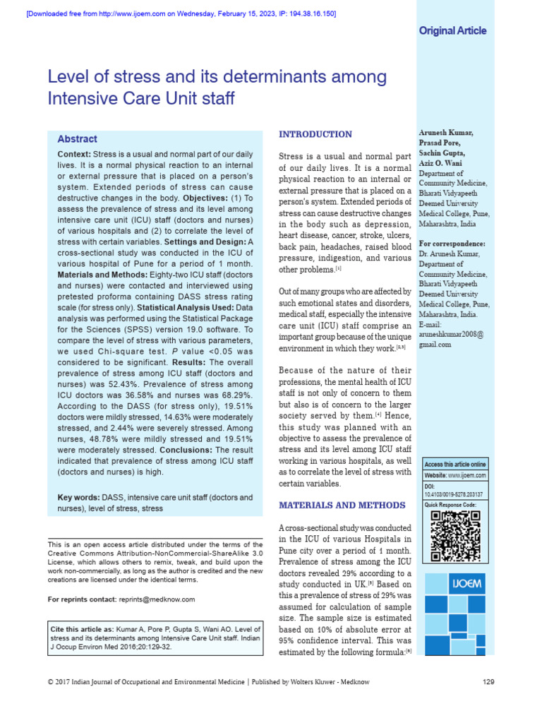 Level of Stress and Its Determinants Among Intensi | PDF | Intensive ...