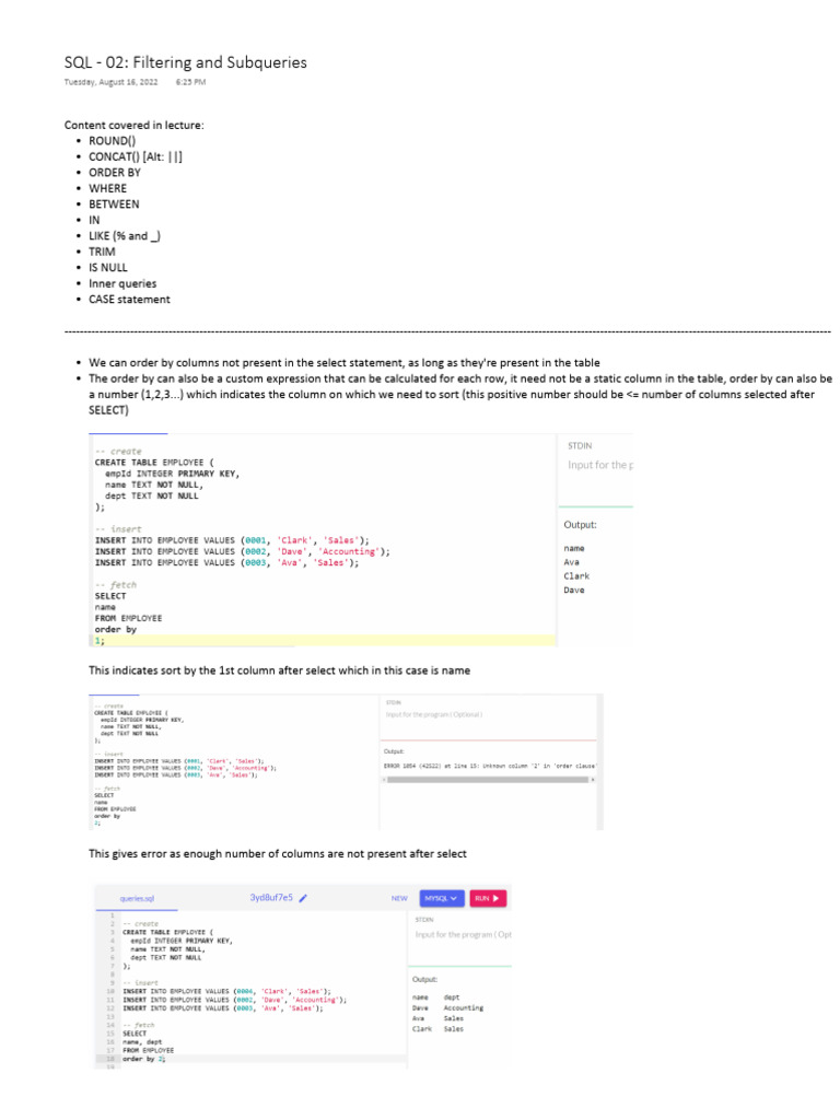 SQL Filtering and Subqueries | PDF | Computing | Data SQL Filtering and Subqueries | PDF | Computing | Data