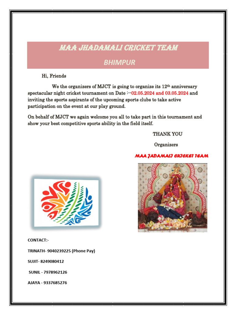 MJCT 12th Anniversary Cricket Tournament | PDF