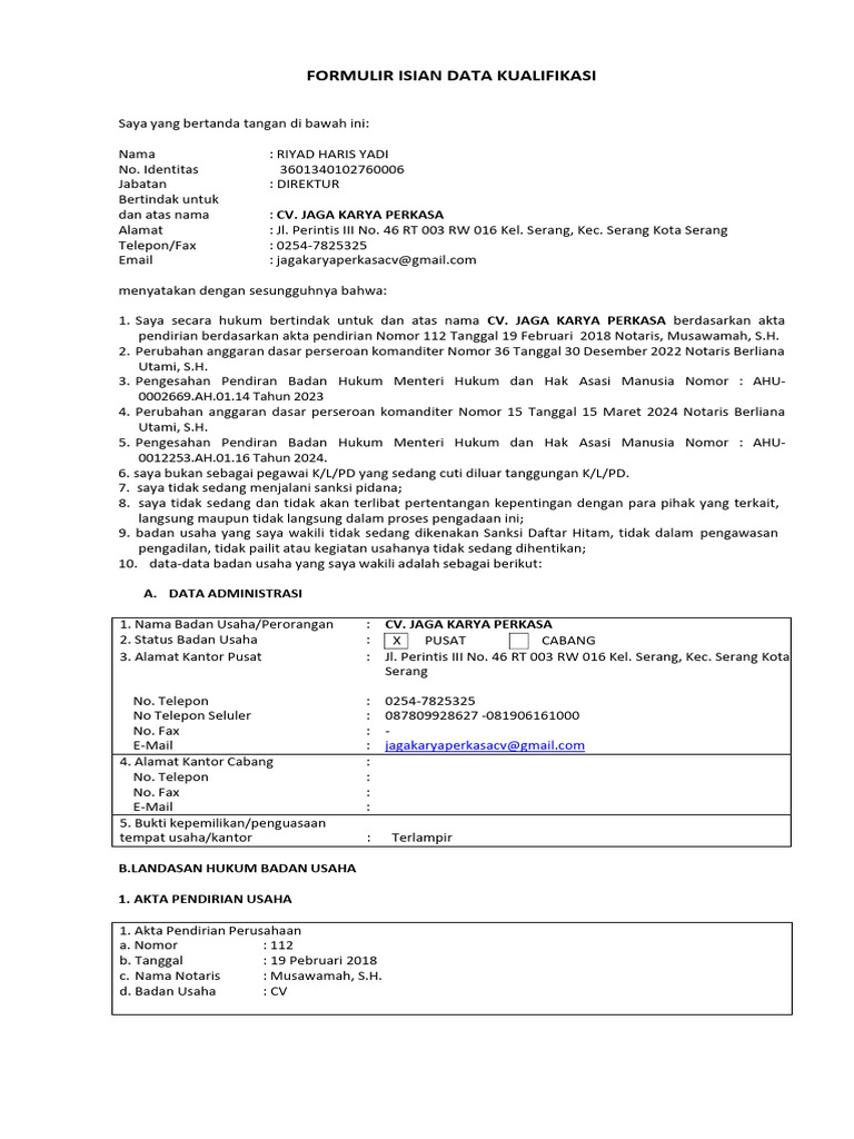 Formulir Isian Data Kualifikasi Cv. Jaga Karya Perkasa-2024 | PDF