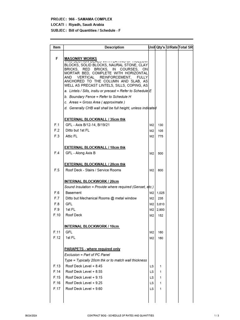 06/24/2024 Contract Boq - Schedule of Rates and Quantities 1 / 3 | PDF ...