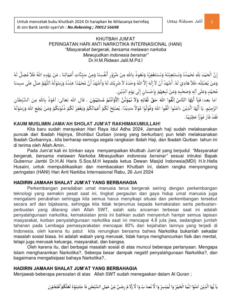 Khotbah Jum'at (Hani) Jumat 21 Juni 2024 Editor Dr.h.ridwan Jalil | PDF
