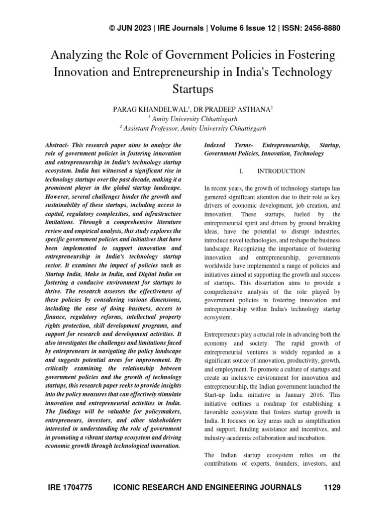 Analyzing The Role of Government Policies in Fostering Innovation and Entrepreneurship in India ...