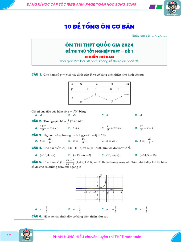 10 de Tong on Co Ban Thi Tot Nghiep Thpt Nam 2024 Mon Toan (1) 2 | PDF