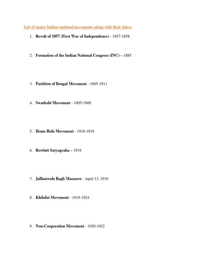 List of Major Indian National Movements Along With Their Dates | PDF ...
