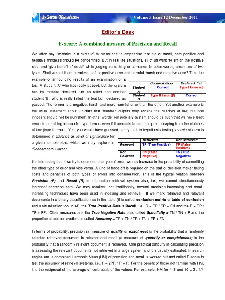 F-Score: A Combined Measure of Precision and Recall | PDF | Sensitivity And Specificity ...