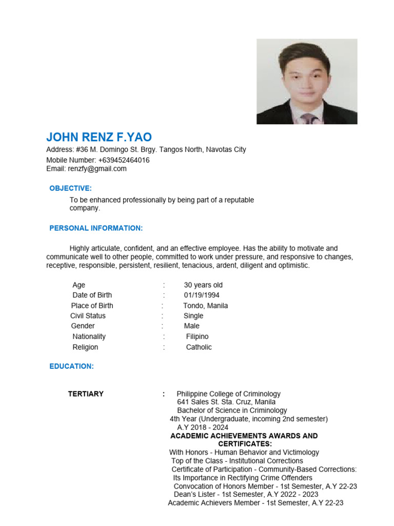 John Renz Yao Sales Accounts Executive (Sales Agent) Resume | PDF | Manila