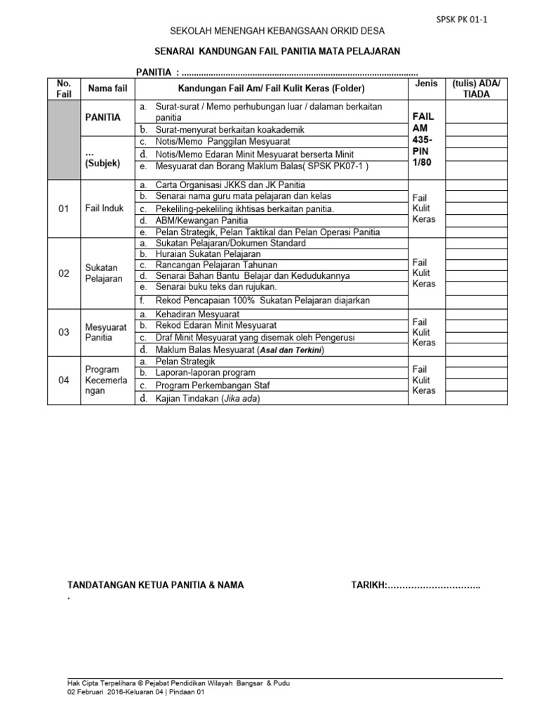PK 01-1 Senarai Kandungan Fail Panitia - Terkini 2024 | PDF
