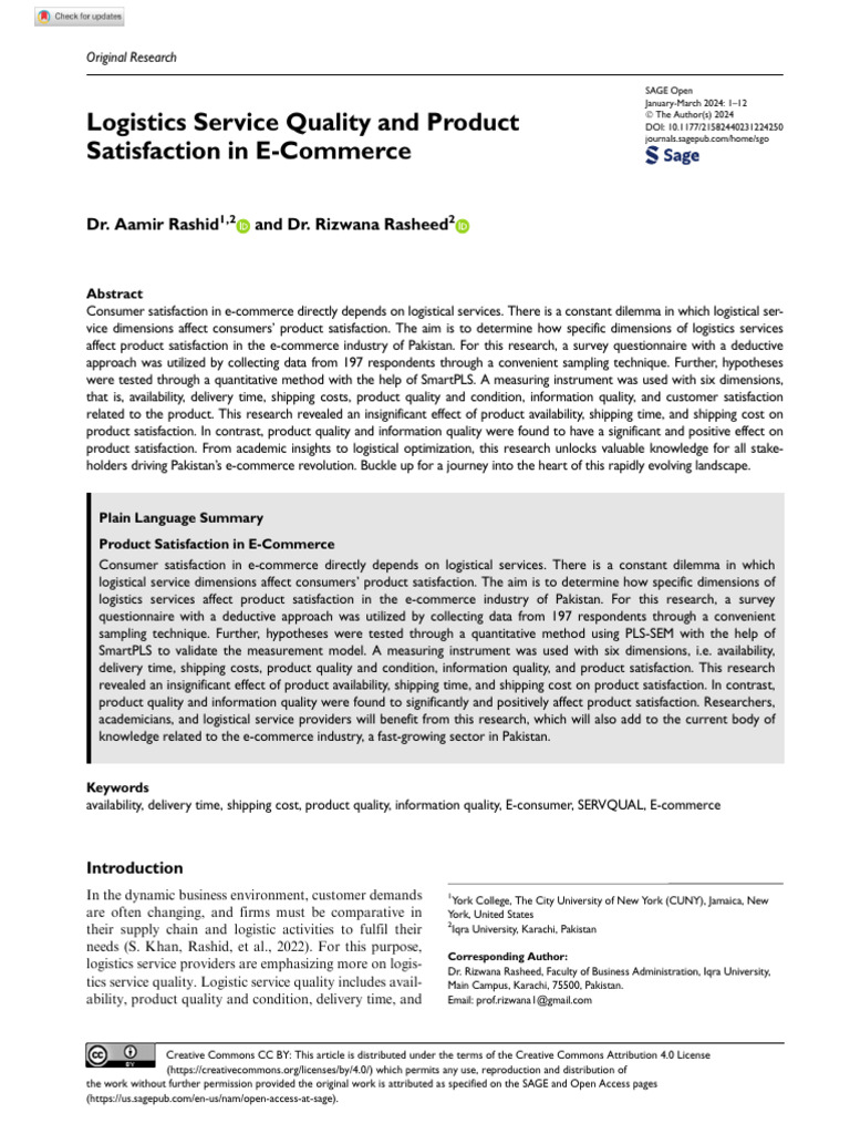 Rashid Rasheed 2024 Logistics Service Quality and Product Satisfaction in e Commerce | PDF | E ...