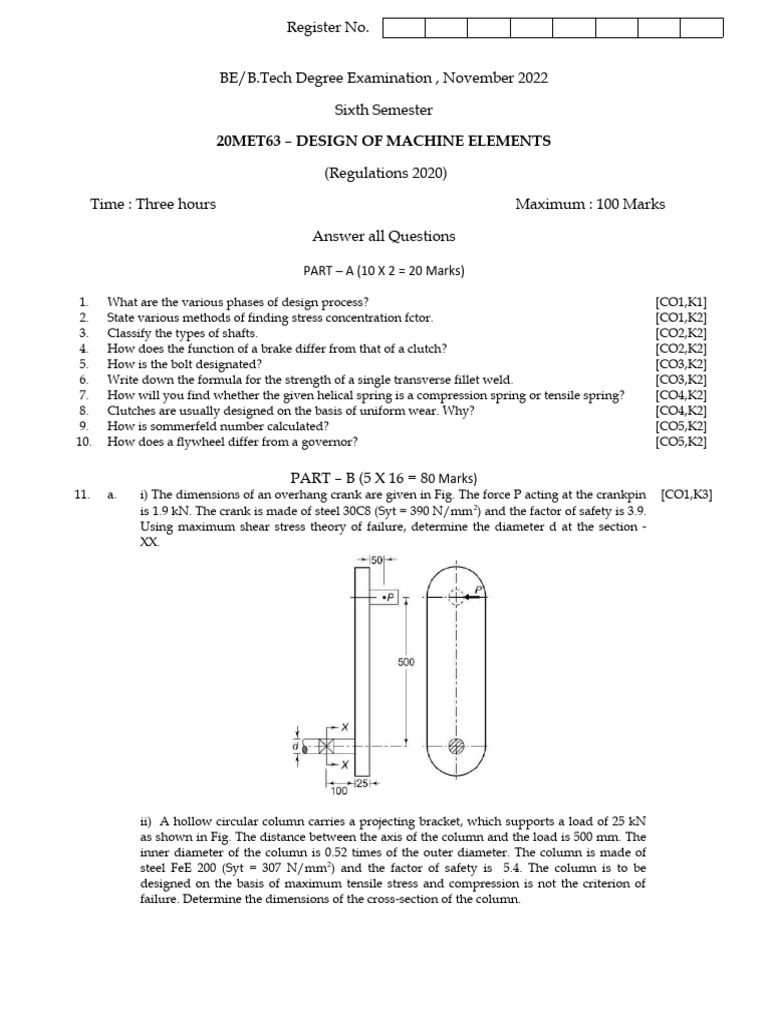 Design of Machine Elements Question Paper Sample | PDF | Stress (Mechanics) | Strength Of Materials