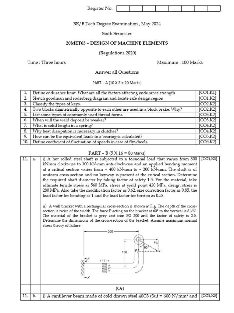 Engineering Exam: Machine Design | PDF | Strength Of Materials | Stress ...