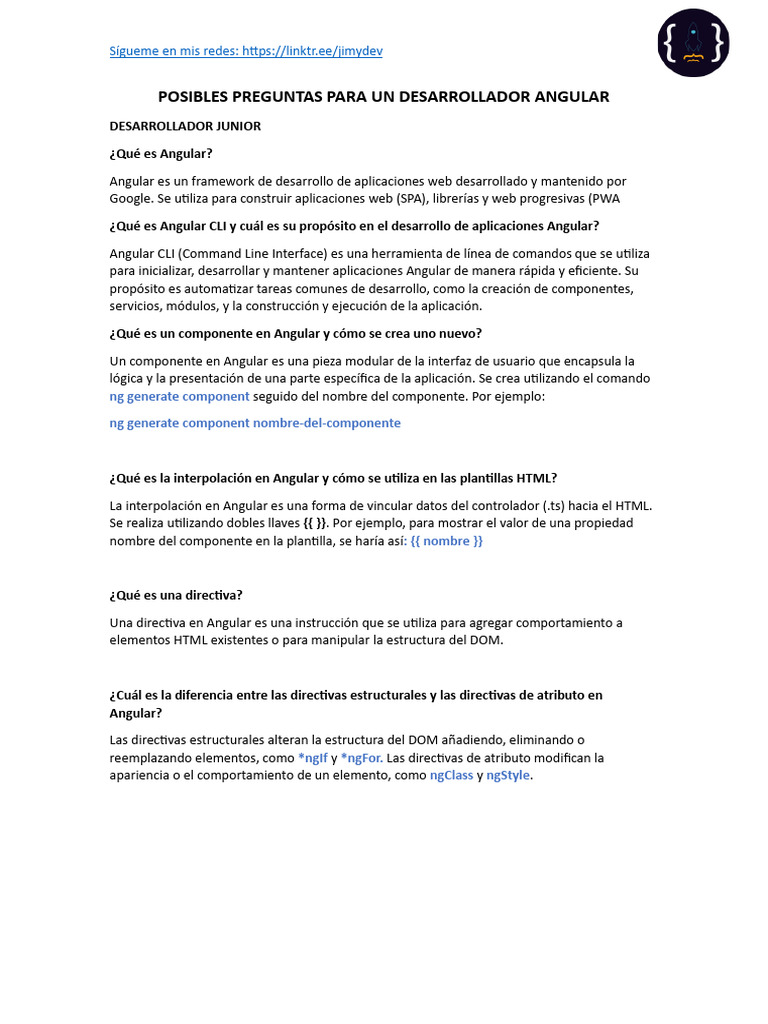 POSIBLES PREGUNTAS PARA UN DESARROLLADOR ANGULAR-JUNIOR, SEMI SENIOR Y ... POSIBLES PREGUNTAS PARA UN DESARROLLADOR ANGULAR-JUNIOR, SEMI SENIOR Y ...