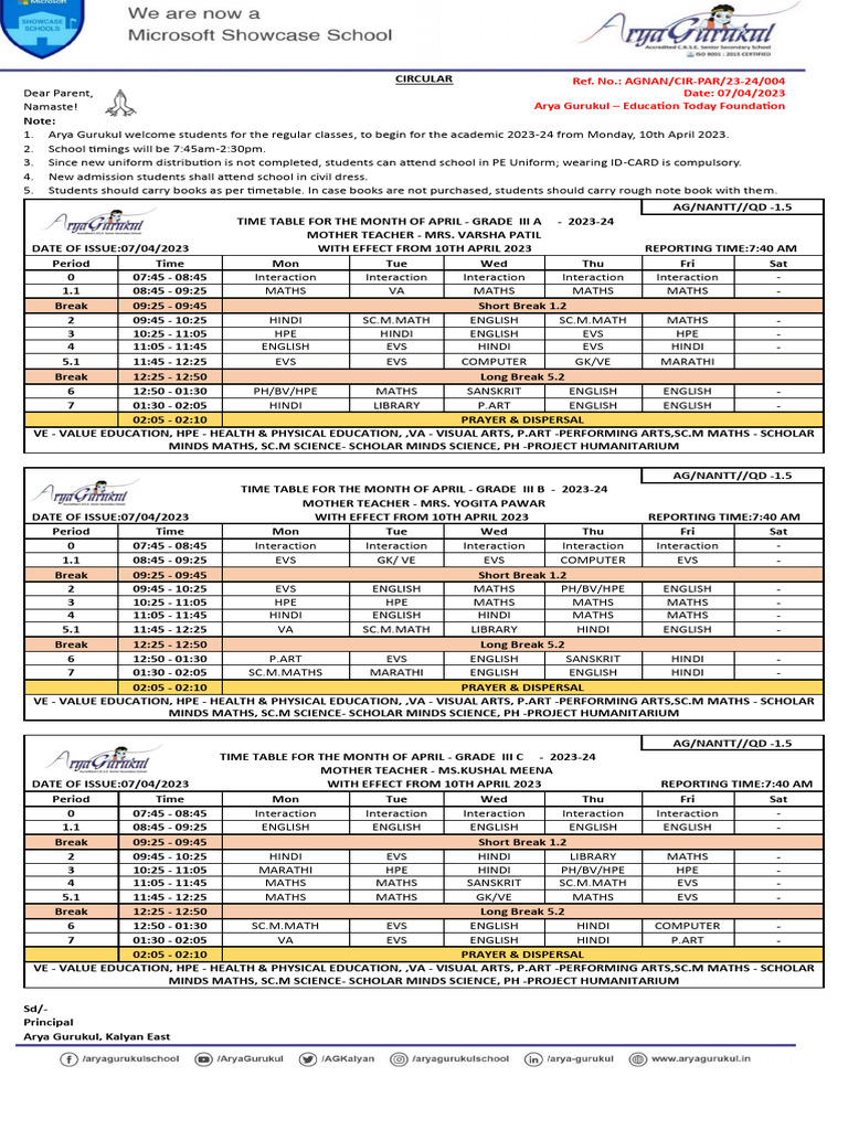 Circular 004 - Grade III April TimeTable 2023 | PDF | South Asia ...