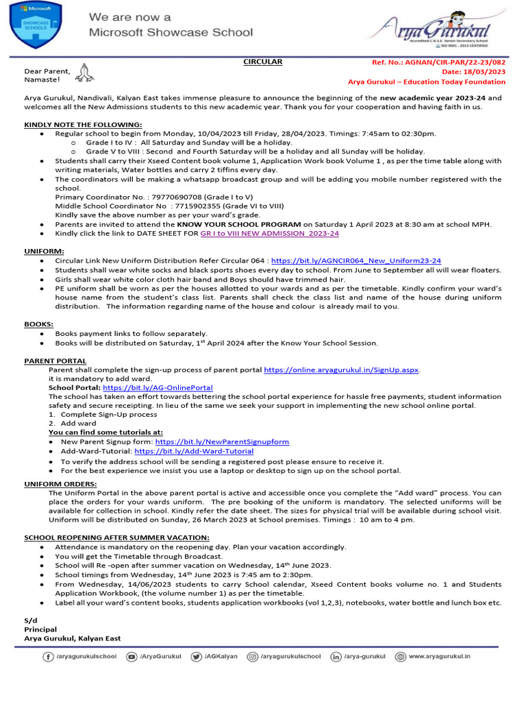 Circular 082 - GR II To VIII New Admission 23-24 | PDF