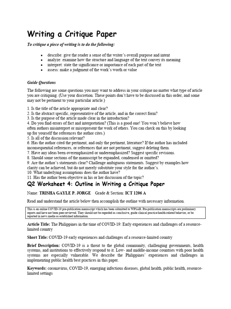 Guide to Writing a Critique Paper | PDF | Pandemic | Medical Specialties