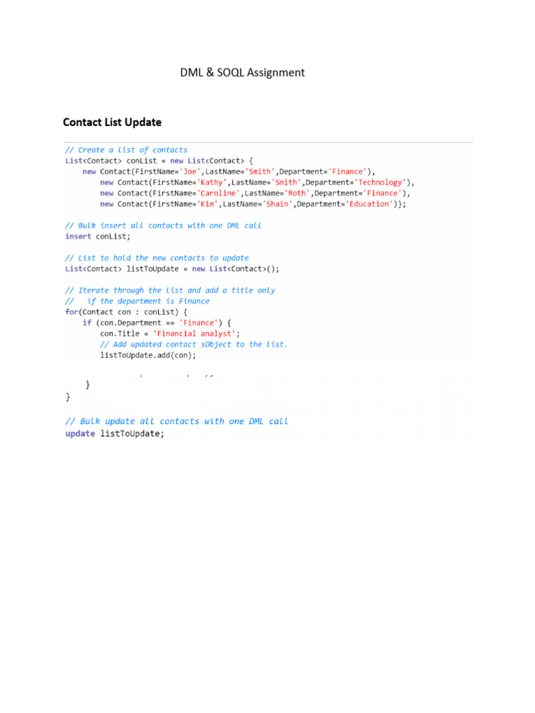 DML SOQL SOSL Assignment | PDF | Career & Growth