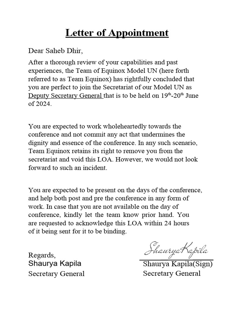 Appointment Letter for Deputy Secretary General | PDF