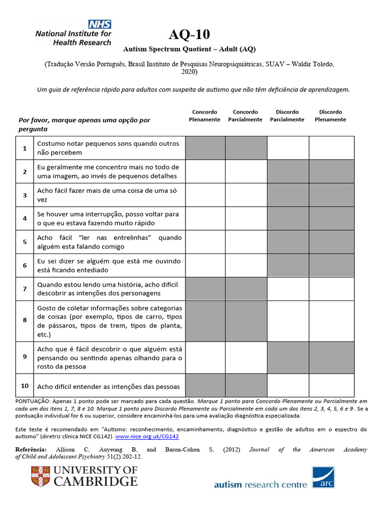 AQ-10 RASTREIO (+16 ANOS) .Docx Corr | PDF | Artes Linguísticas e ...