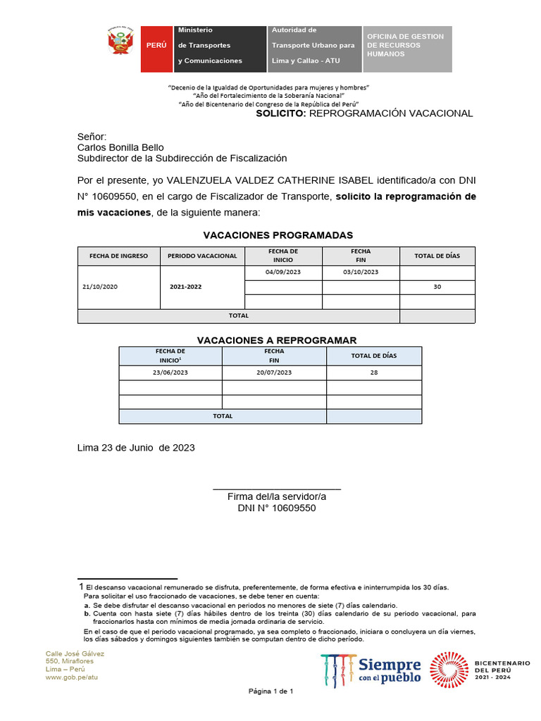 Modelo Solicitud de Reprogramacion de Vacaciones | PDF