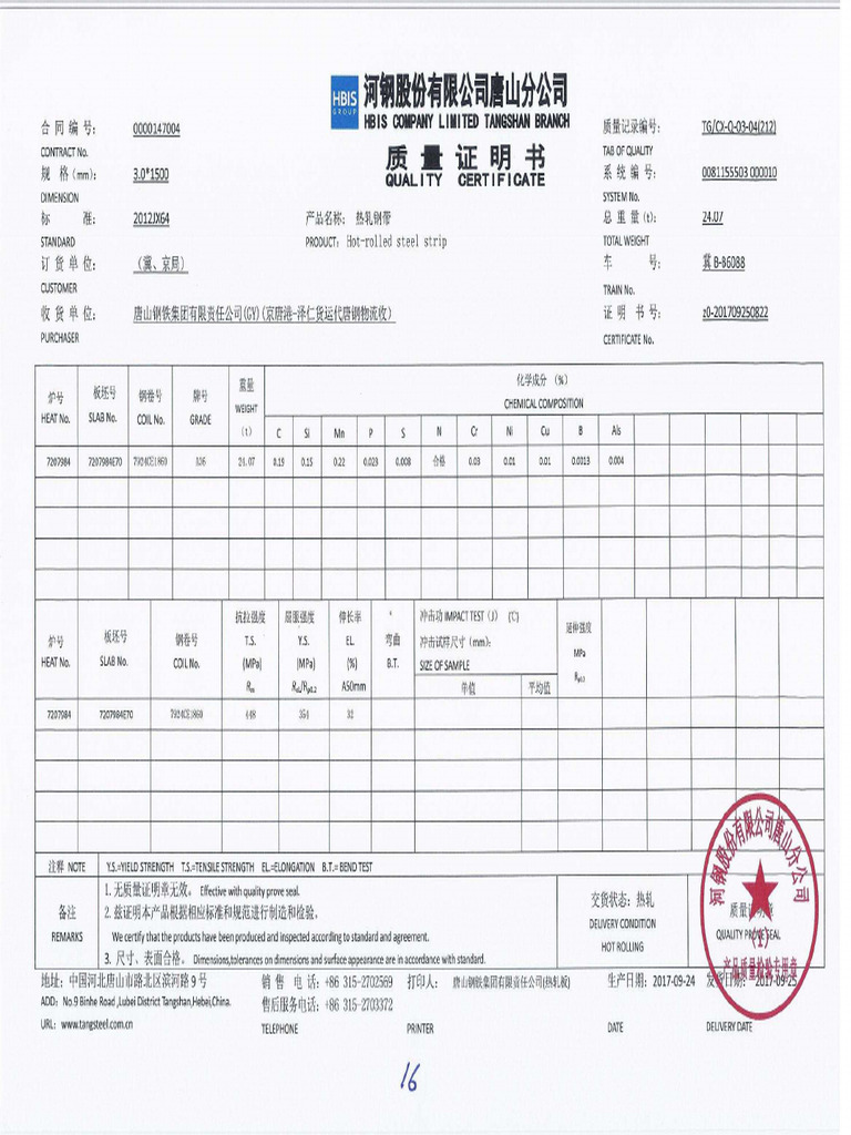 HR-3.0MM-A36 Steel Test Certificates | PDF