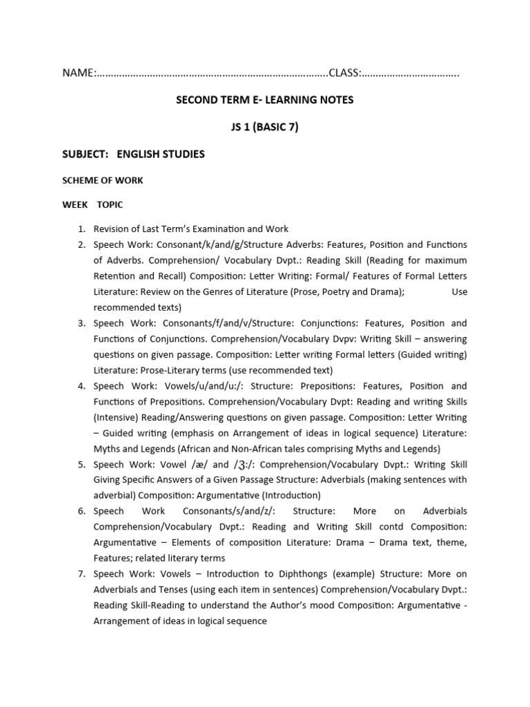 JSS1 English Second Term Overview | PDF | Adverb | Poetry