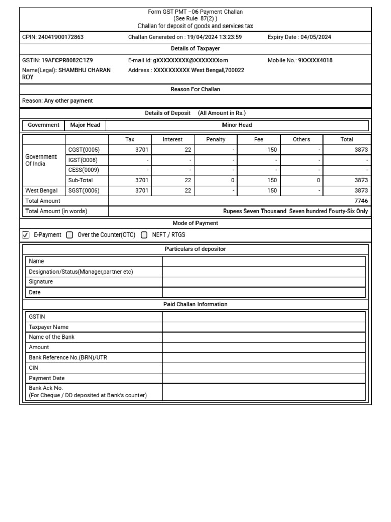 GST PMT-06 Payment Challan Details | PDF | Payments | Government Finances