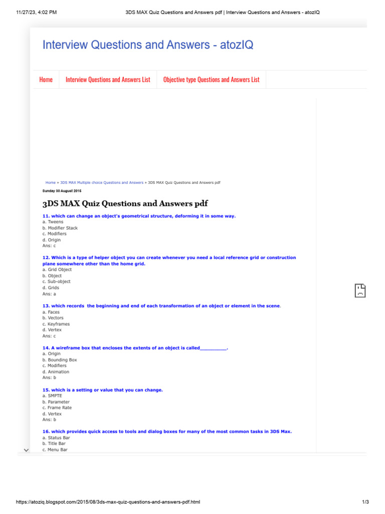 3DS MAX Quiz Questions and Answers PDF - Interview Questions and Answers - atozIQ | PDF ...