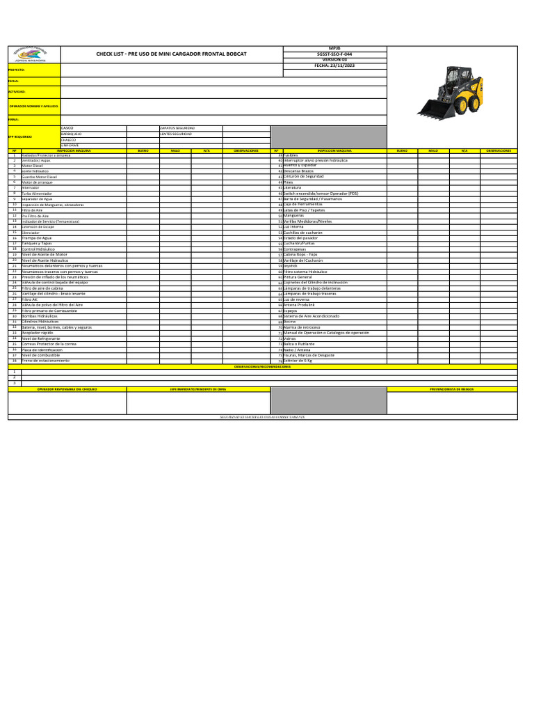 Sgsst-Sso-F-044 Check List Pre Uso de Mini Cargador Bobcat | PDF ...