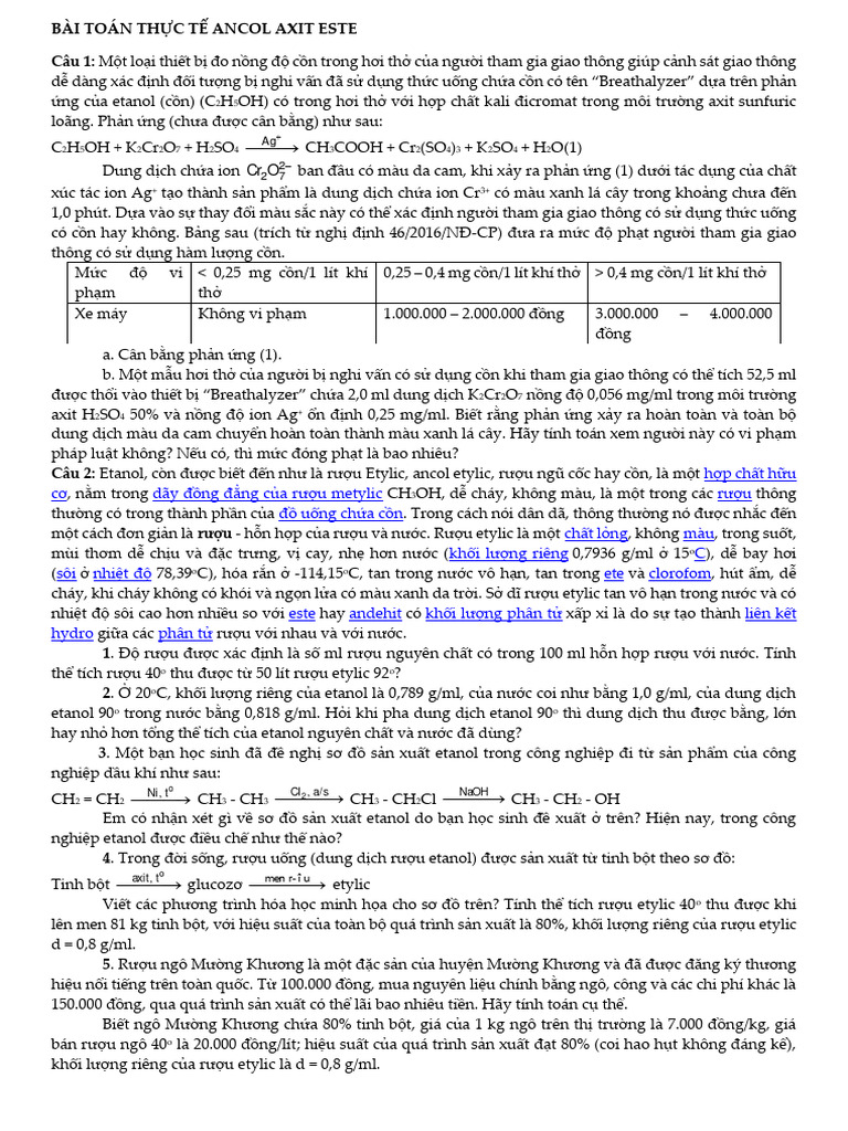 BÀI TOÁN THỰC TẾ ANCOL AXIT ESTE | PDF