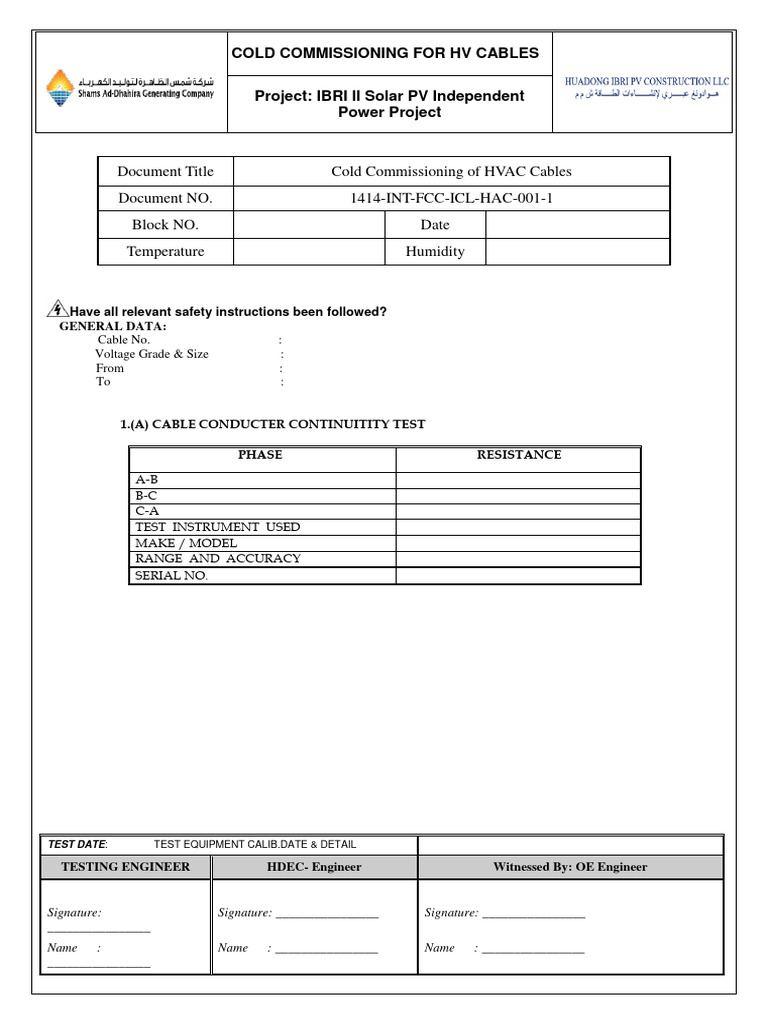 1414-INT-FCC-ICL-HAC-001-1_Cold Commissioning of HV Cable | PDF ...