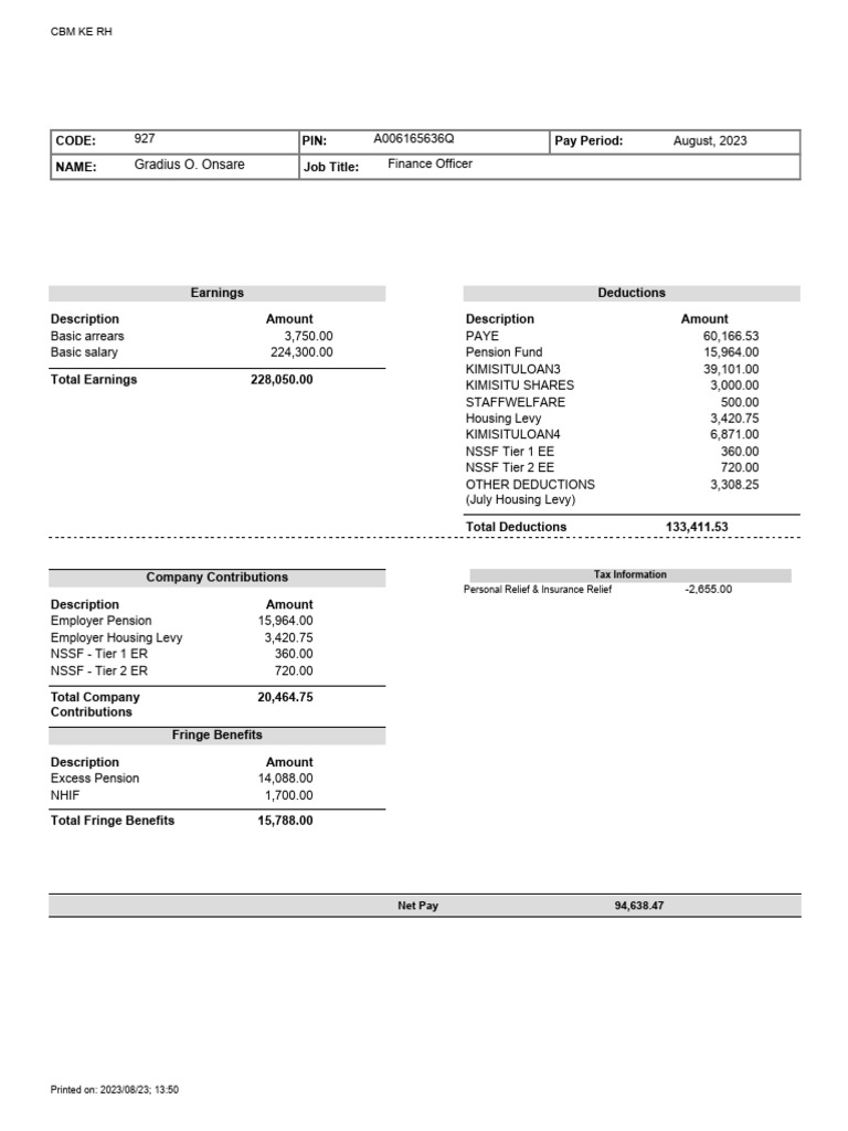 Payslip MAIN 31-Aug-2023 653f5ef03ab5b0 65761663 | PDF | Pension ...