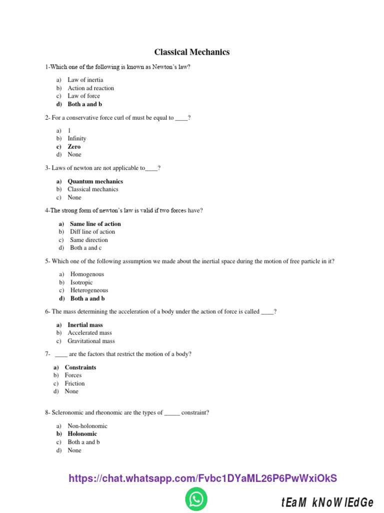 Classical Mechanics Quiz Questions | PDF | Lagrangian Mechanics | Force