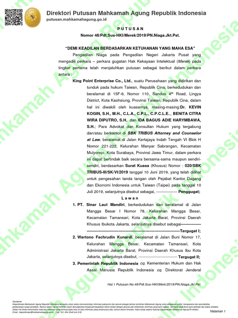 Putusan No. 48 PDT - Sus-Merek 2019 PN - Niaga.jkt - PST 20210222 | PDF