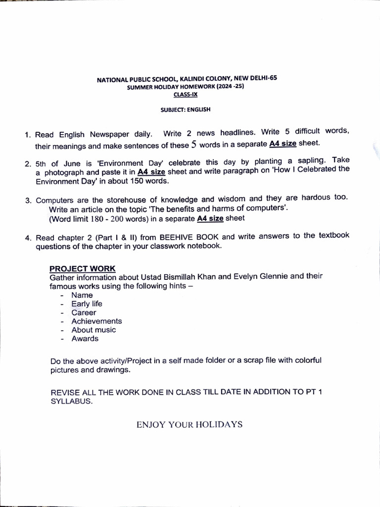 Summer Holiday Homework (2024-25) (18) | PDF