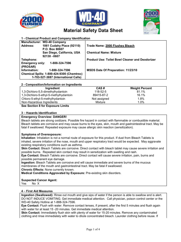 2000 Flushes Bleach Safety Data Sheet | PDF | Toxicity | Bleach