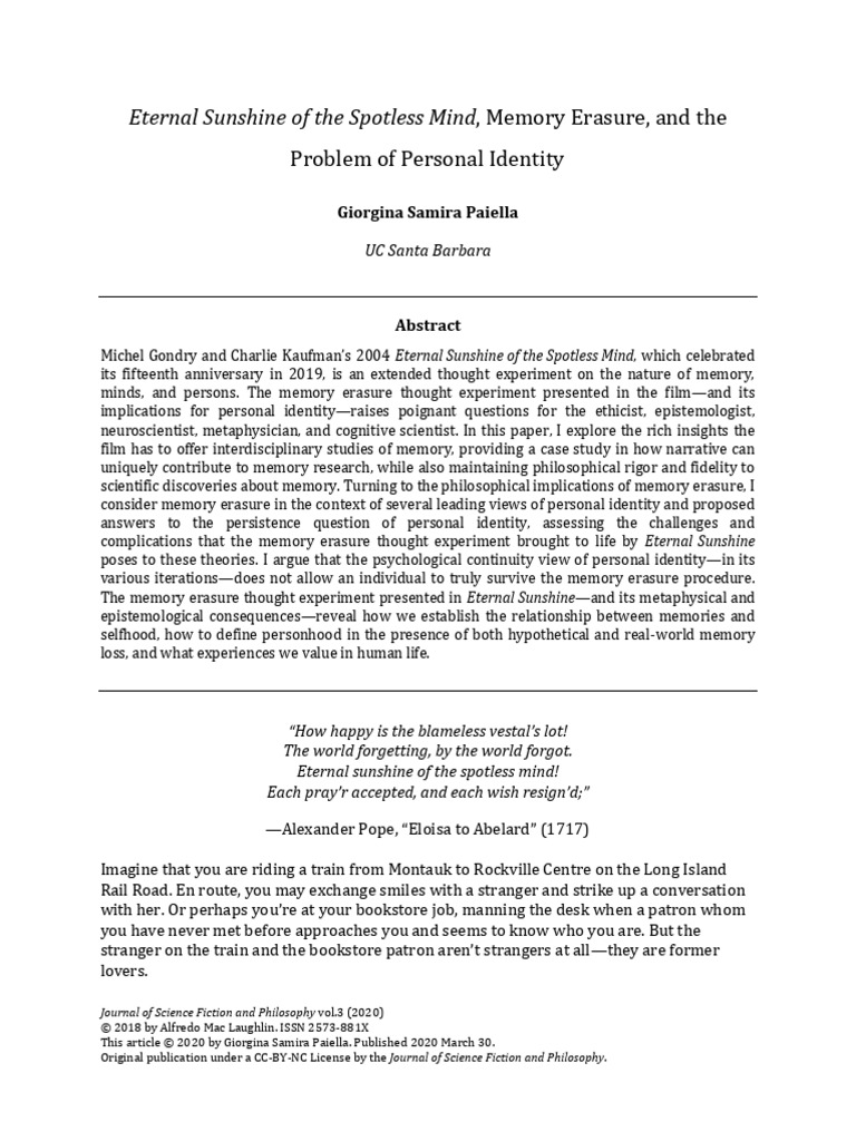 Eternal Sunshine Memory Erasure and The Identity Problem | PDF | Mind ...