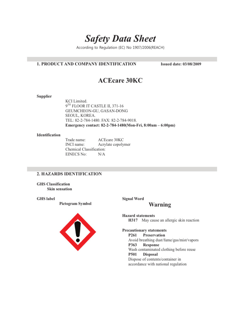 MSDS-ACEcare 30KC - E | PDF | Water | Volatile Organic Compound