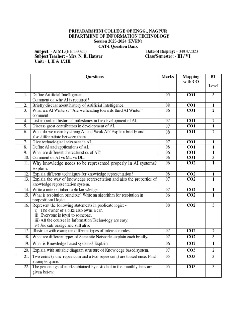 AIML - CAT-I - Question Bank | PDF | Artificial Intelligence ...