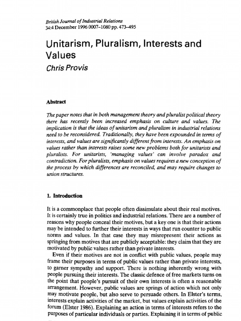 Unitarism, Pluralism, Interests and Values: Chris Provis | PDF | Value ...