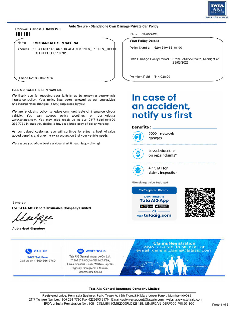 Vehicle Insurance Renewal Confirmation | PDF | Insurance | Deductible