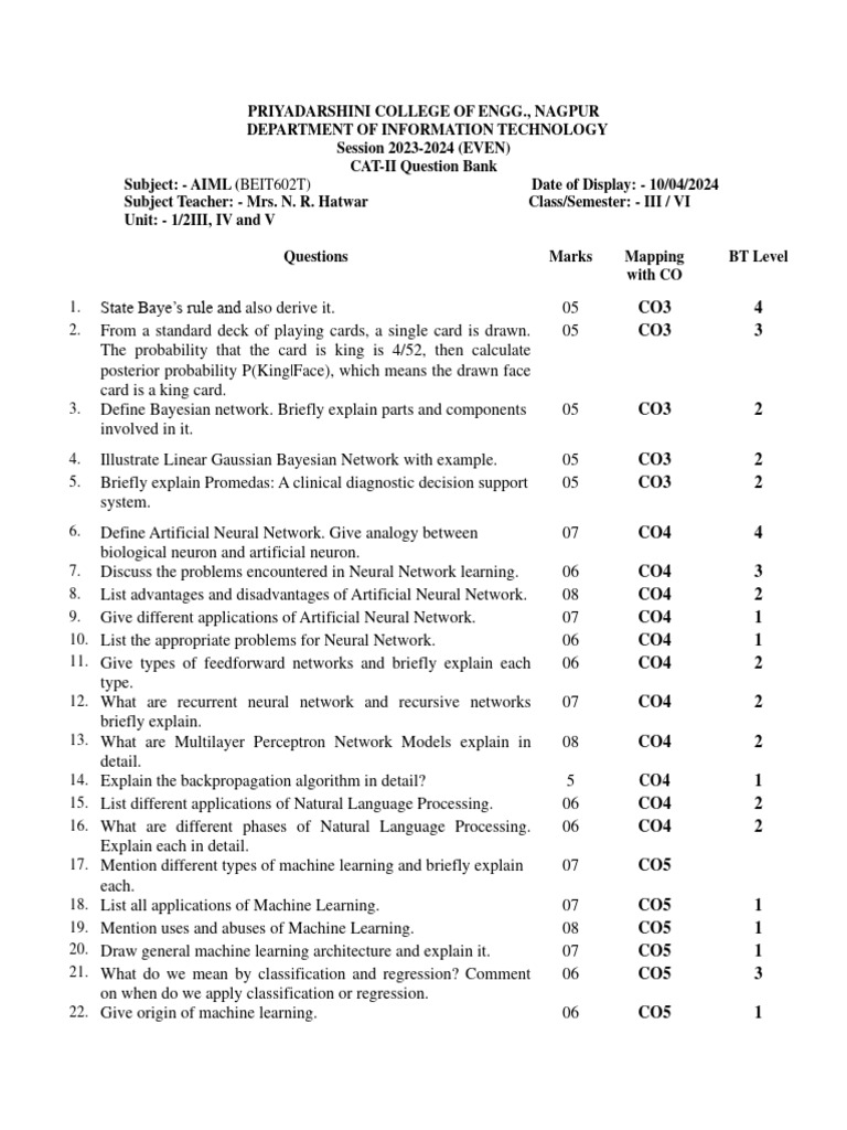 AIML - CAT-II - Question Bank | PDF | Artificial Neural Network | Machine Learning